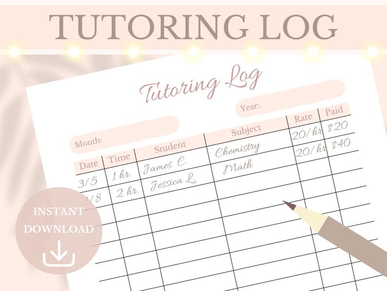 Tutoring Log Printable Tutoring Planner Income Tracker Tutor Session ...