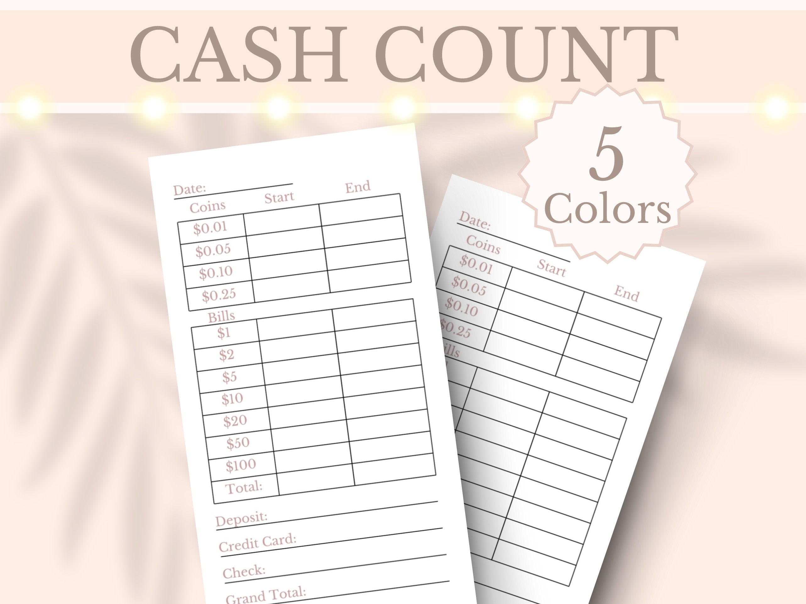 Cash Count Sheet Printable Cash Register Log Till Balance Cash ...