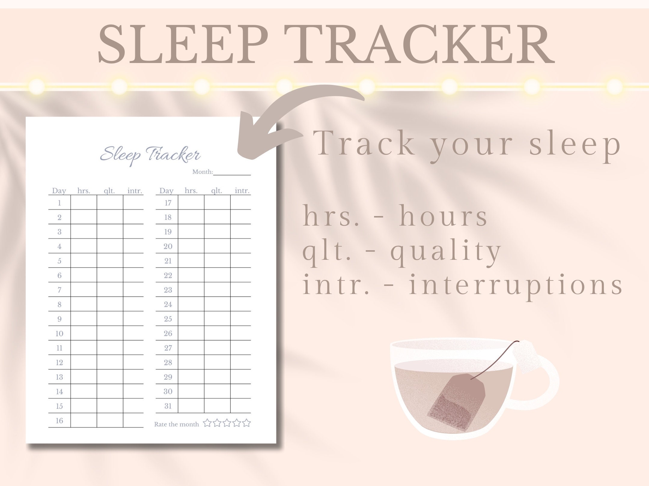 Sleep Tracker Printable Monthly Log, Sleep Cycle Journal Quality Rating ...