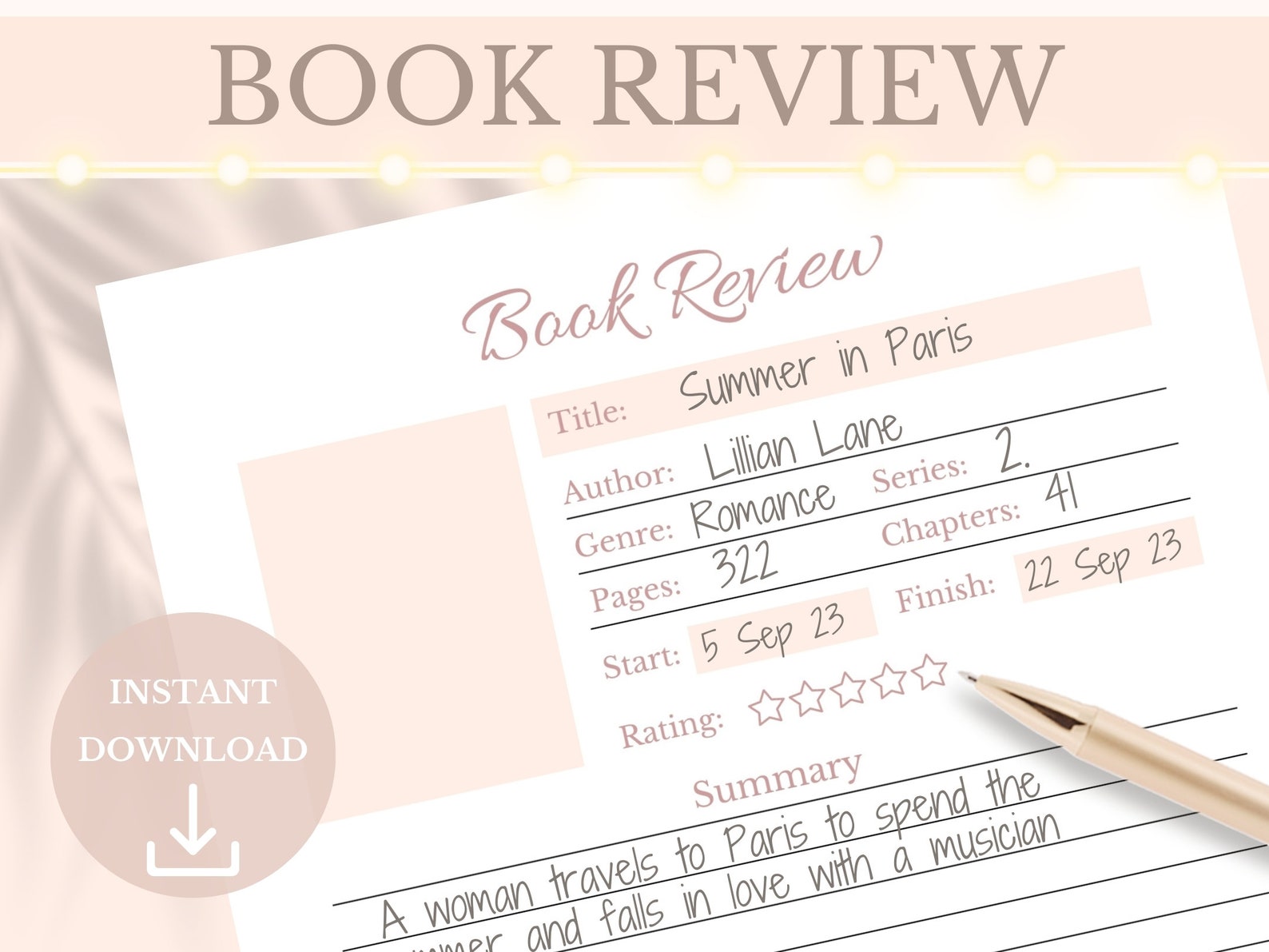 Book Review Printable Template Reading Tracker Journal Insert, Pink ...