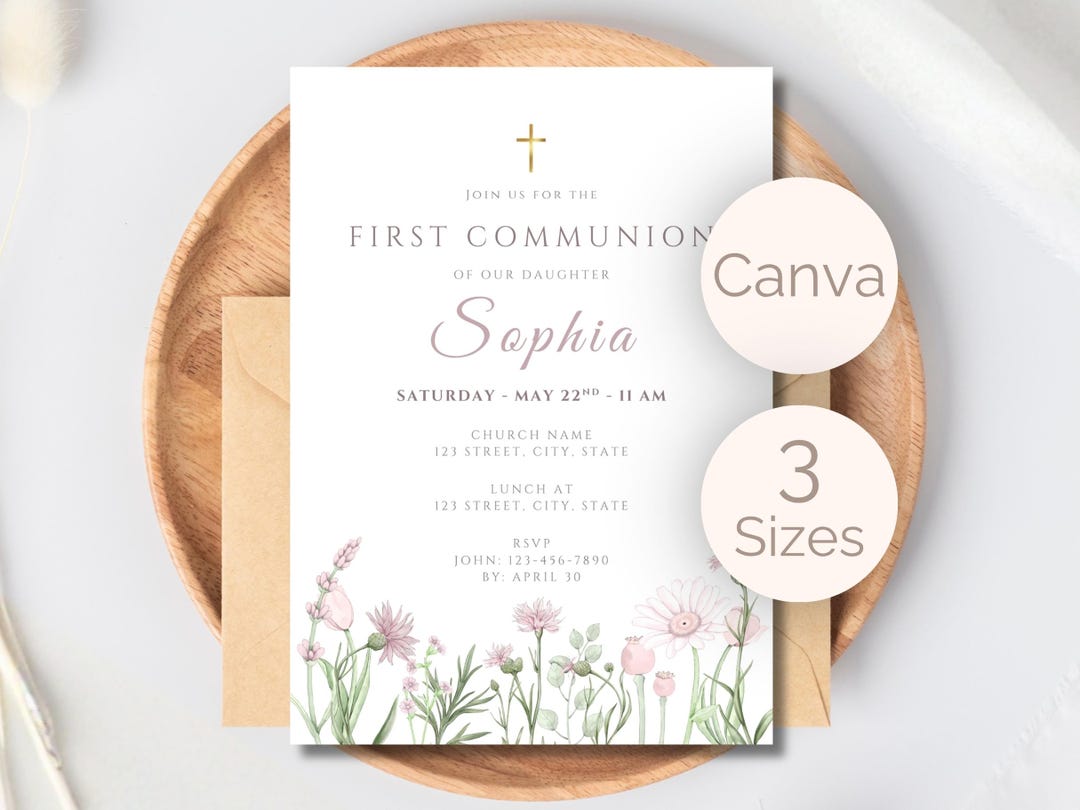 Wildflower First Holy Communion Invitation Template Girl First ...