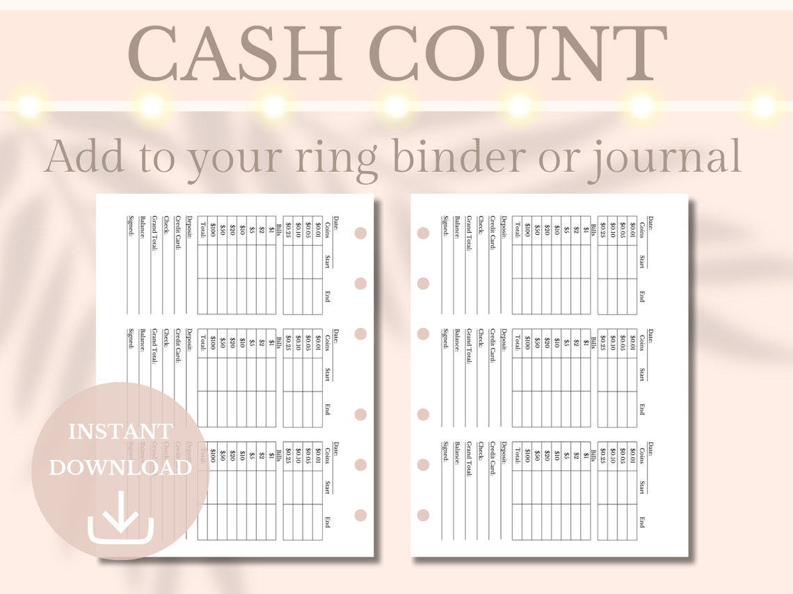 Cash Count Sheet Printable Cash Register Log Till Balance Cash ...