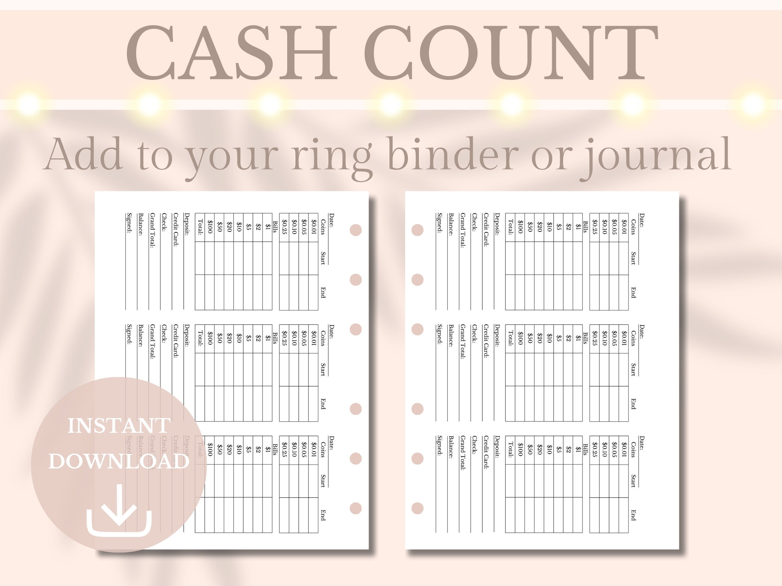 Cash Count Sheet Printable Cash Register Log Till Balance Cash ...