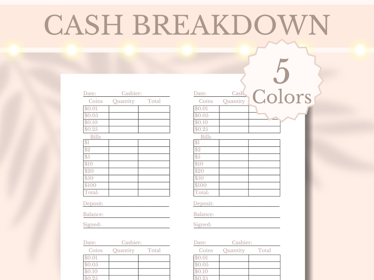 Cash Breakdown Printable Drawer Count Sheet Small Business Planner Cash ...