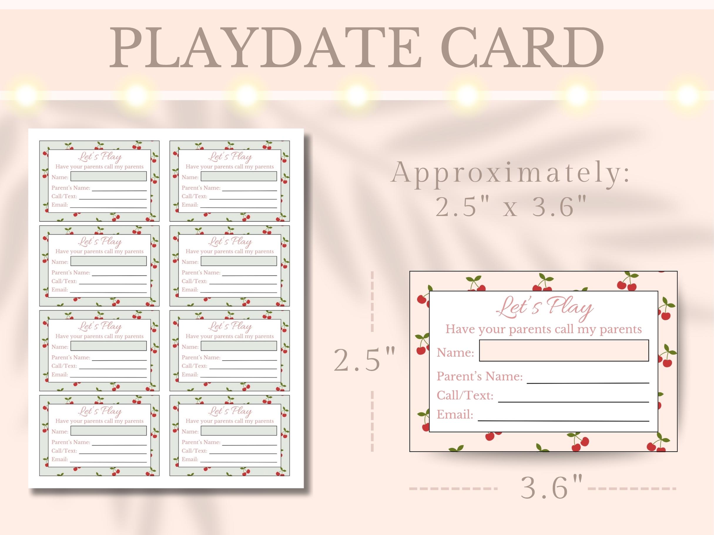 Kids Playdate Card Printable Kids Calling Card Cherry Theme Mom Contact ...