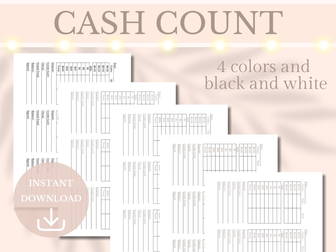 Cash Count Sheet Printable Cash Register Log Till Balance Cash ...