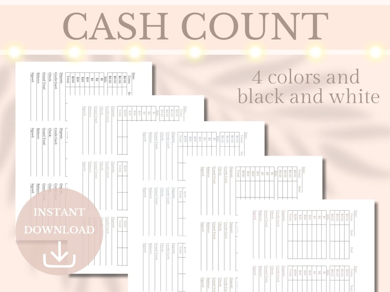 Cash Count Sheet Printable Cash Register Log Till Balance Cash ...