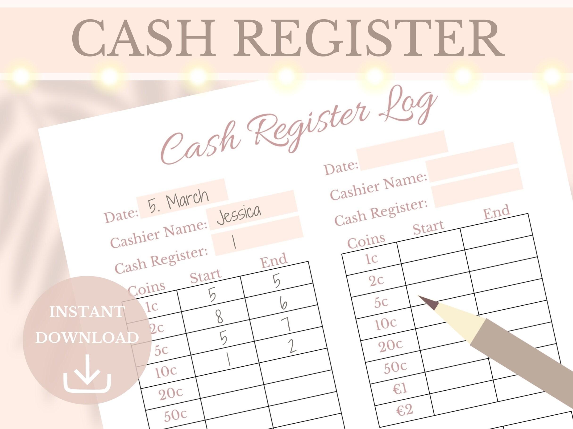 EUR Cash Register Log Printable Drawer Till Balance Money Count ...