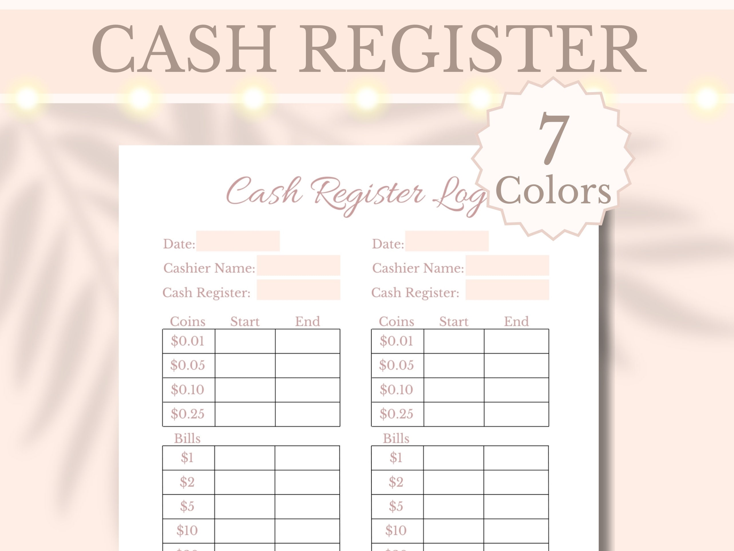 Cash Register Log Printable Drawer Till Balance Money Count Calculator ...