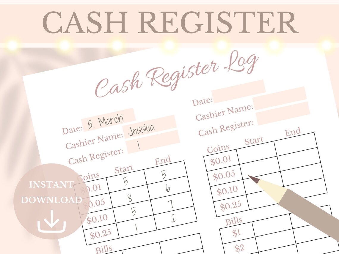 Cash Register Log Printable Drawer Till Balance Money Count Calculator ...