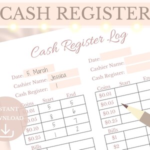 Cash Register Log Printable Drawer Till Balance Money Count Calculator ...