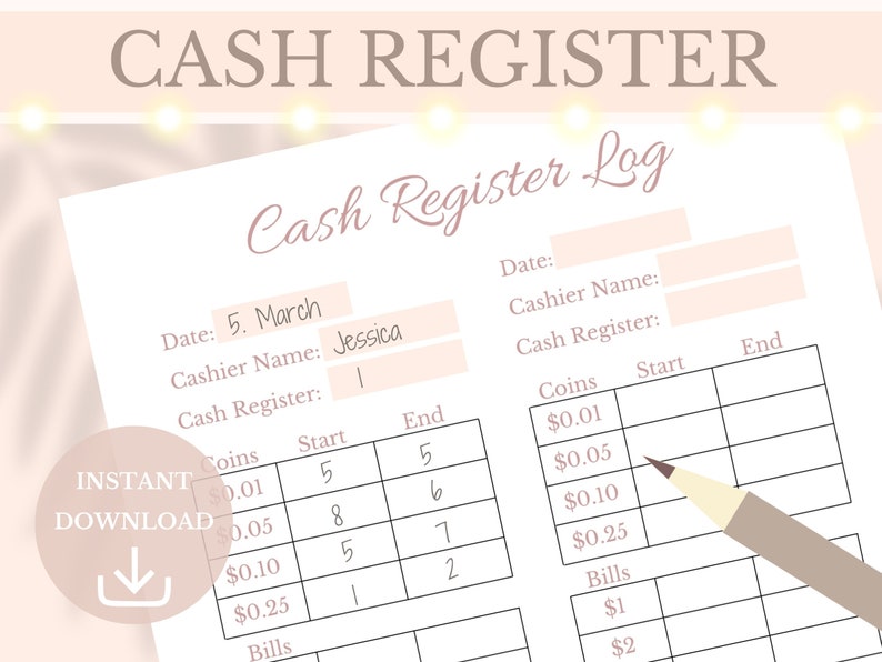 Cash Register Log Printable Drawer Till Balance Money Count Calculator ...