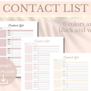Contact List Printable Address Book Insert, Contact Directory Phone ...