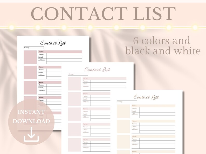 Contact List Printable Address Book Insert, Contact Directory Phone ...