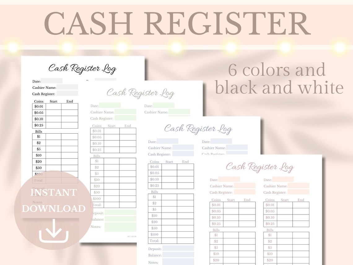 Cash Register Log Printable Drawer Till Balance Money Count Calculator ...