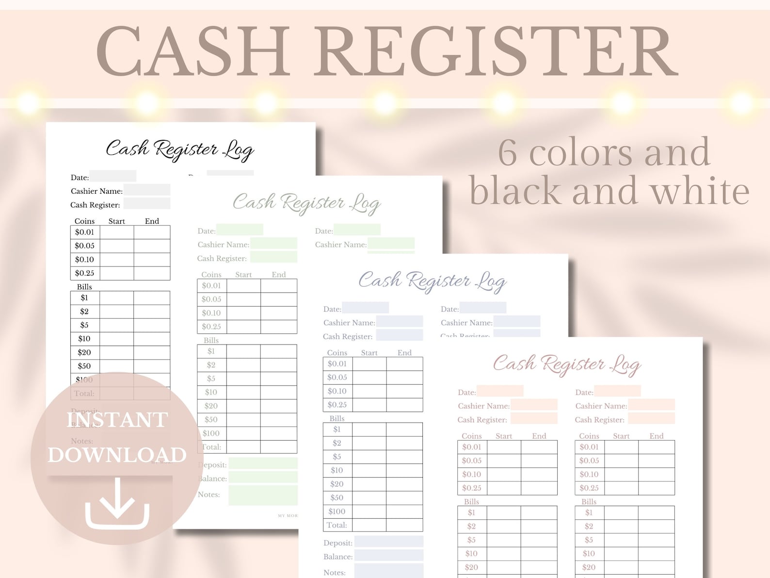Cash Register Log Printable Drawer Till Balance Money Count Calculator ...