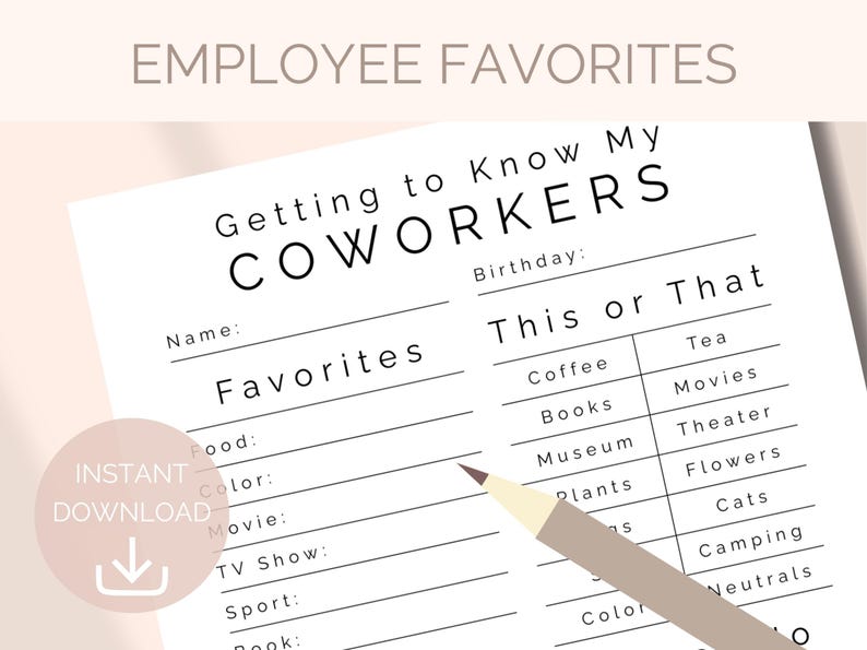Employee Favorites List Printable Getting to Know You Coworker ...