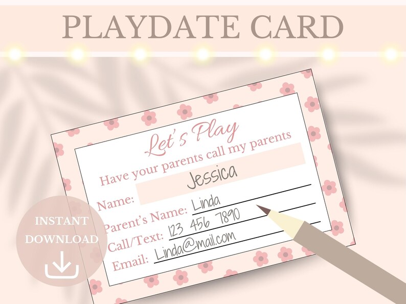 Pink Flower Playdate Card Printable Kids Calling Card for Girls Mom ...