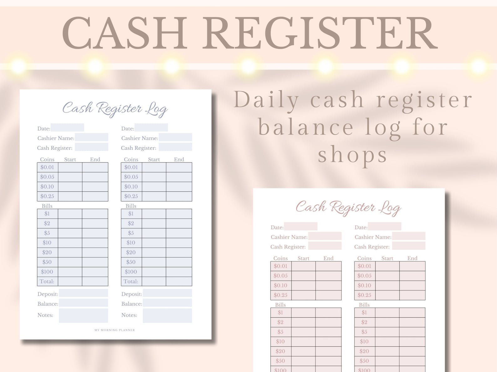 Cash Register Log Printable Cashier Shop Closing Drawer Till Balance ...