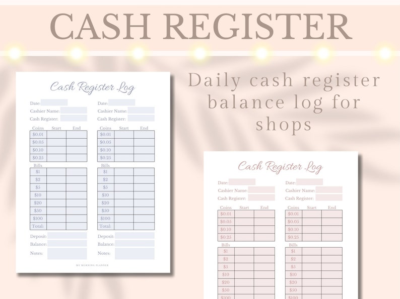 Cash Register Log Printable Cashier Shop Closing Drawer Till Balance ...