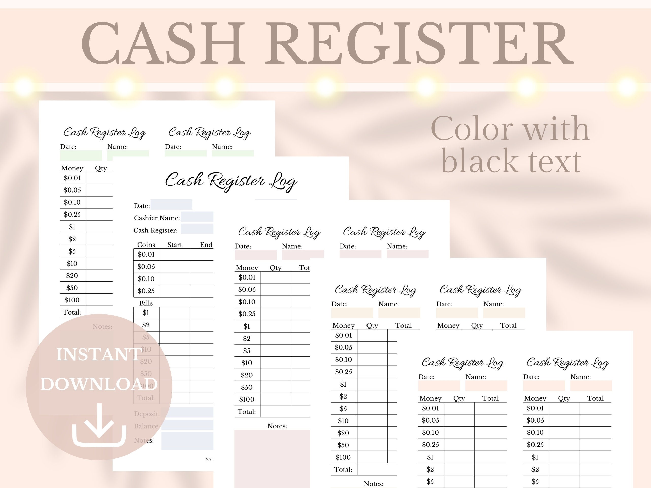 Cash Register Balance Log Printable Drawer Till Count Money Calculator ...