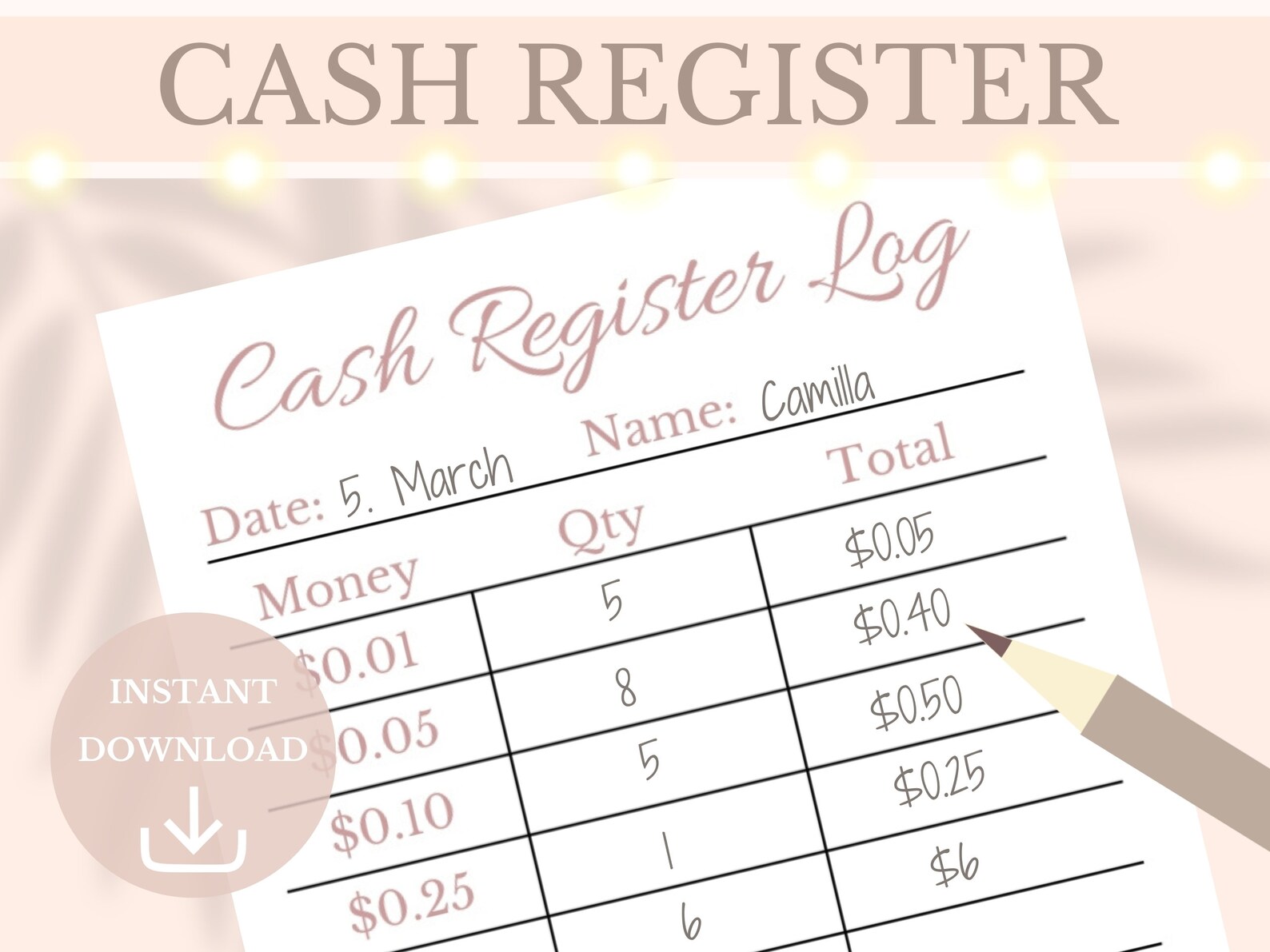 Cash Breakdown Teller Slip Printable Cash Register Till Balance Tracker ...