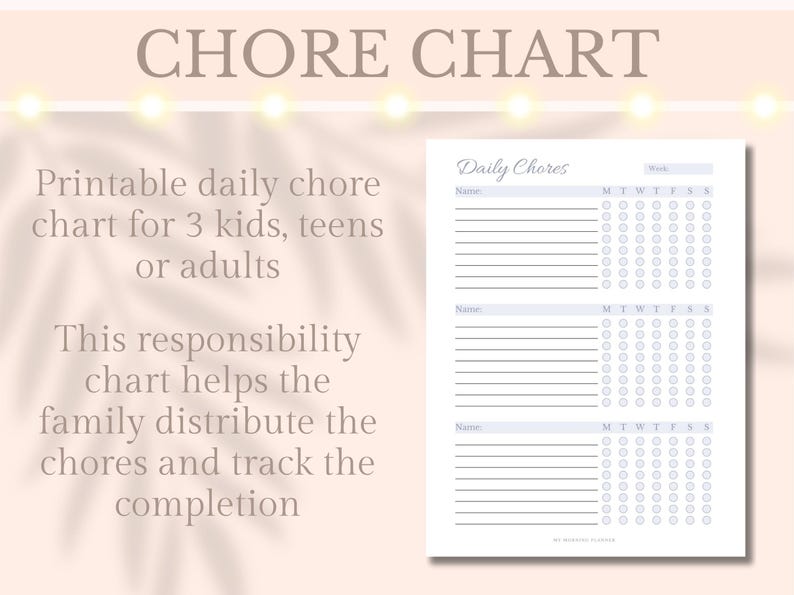 Chore Chart for 3 Kids, Teens, Adults Printable Daily Responsibility ...