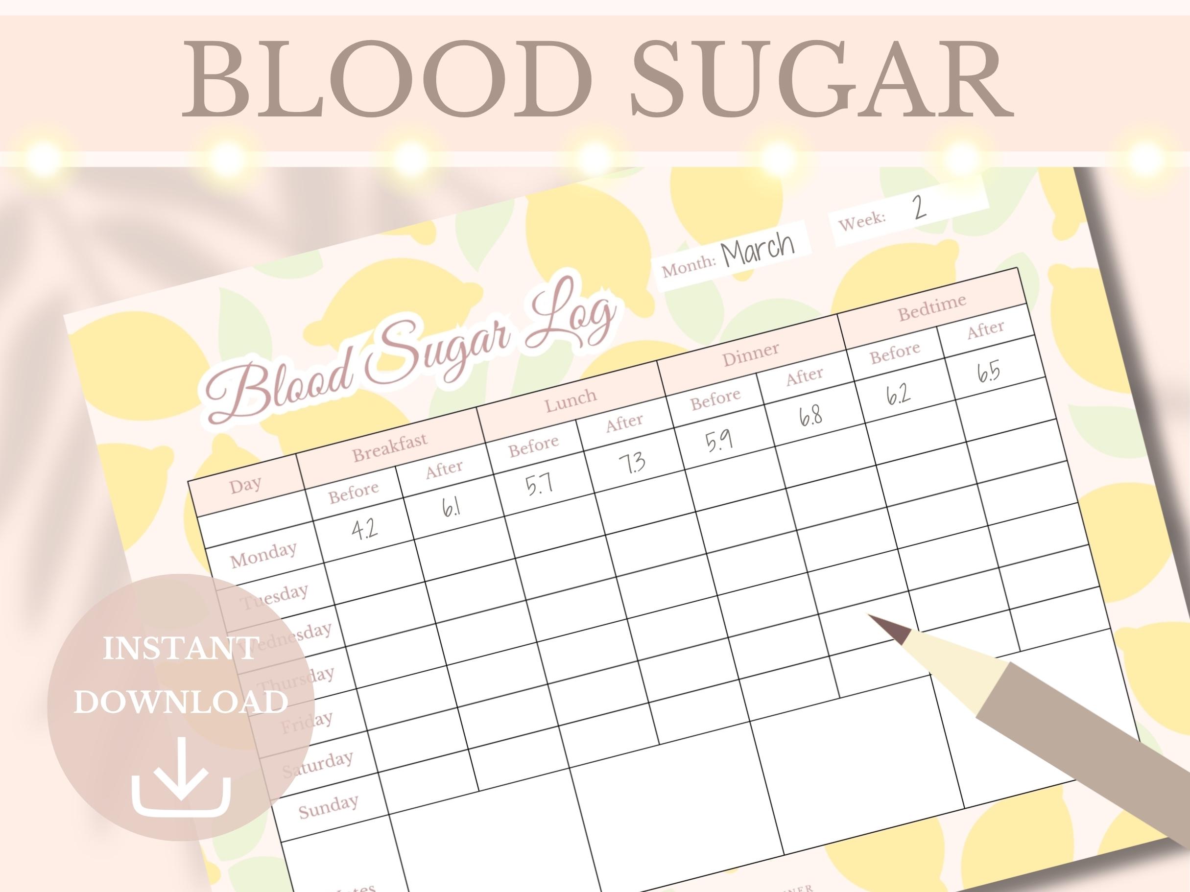 Blood Sugar Tracker Printable Glucose Log Diabetes Tracker Cute Lemon ...