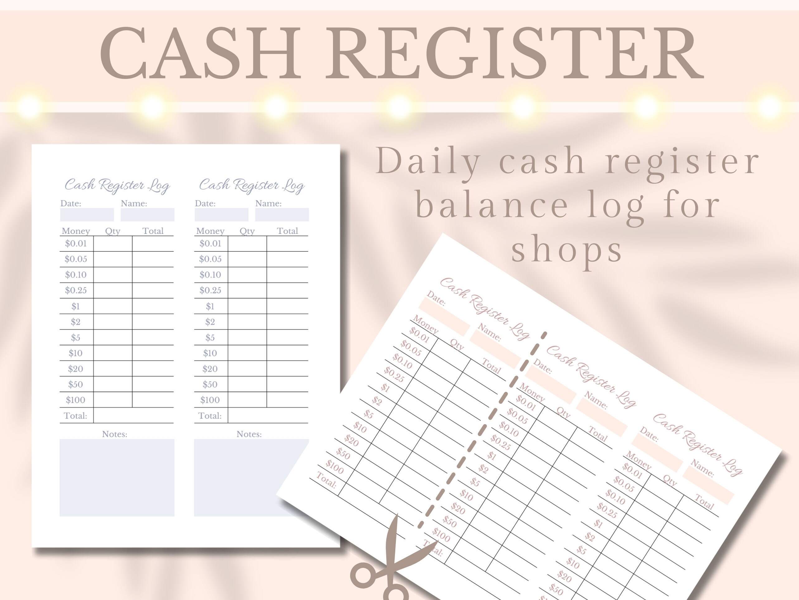 Cash Register Balance Log Printable Drawer Till Count Money Calculator ...