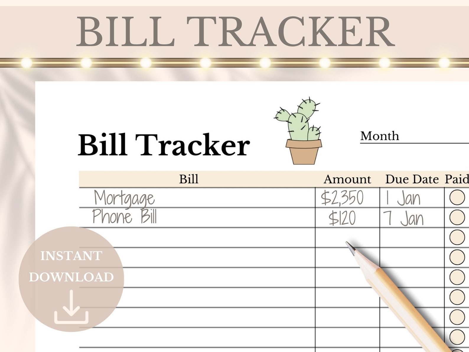 Cute Bill Tracker Payment Printable Expense Planner, Monthly Finance ...