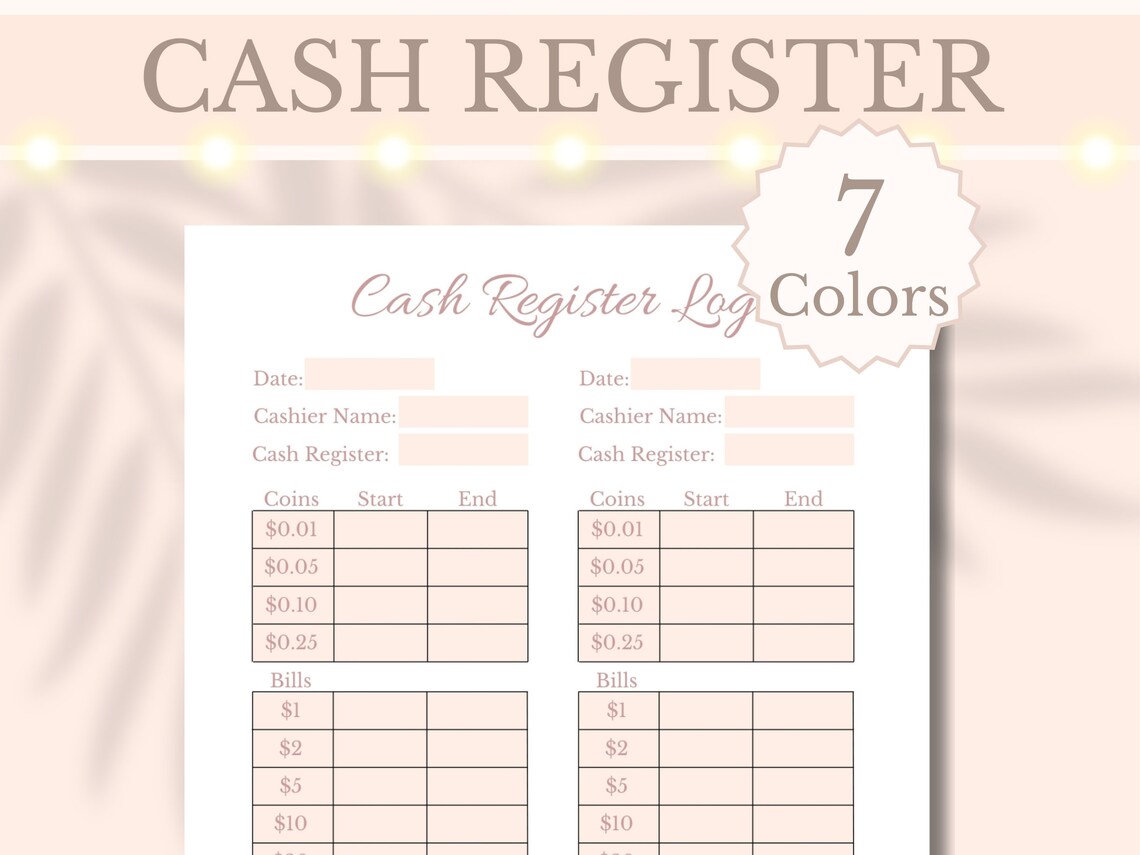 Cash Register Log Printable Cashier Shop Closing Drawer Till Balance ...