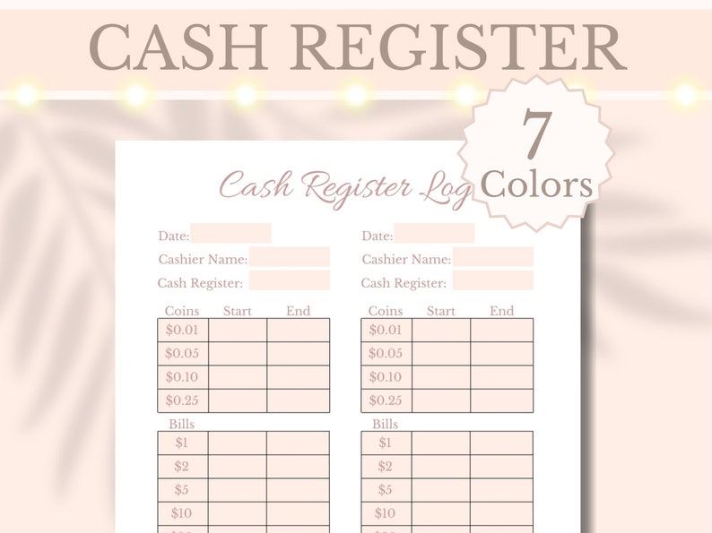 Cash Register Log Printable Cashier Shop Closing Drawer Till Balance ...