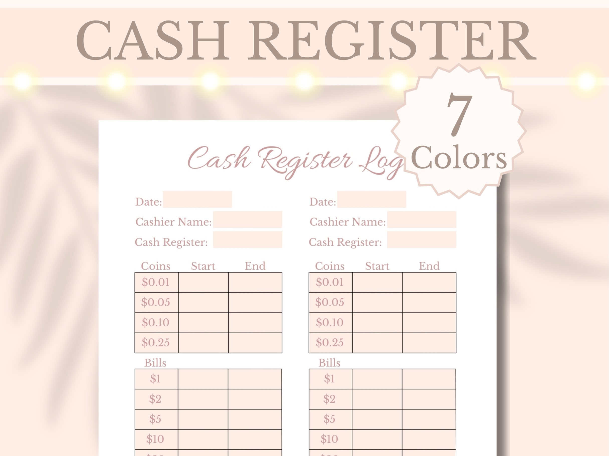 Cash Register Log Printable Cashier Shop Closing Drawer Till Balance ...