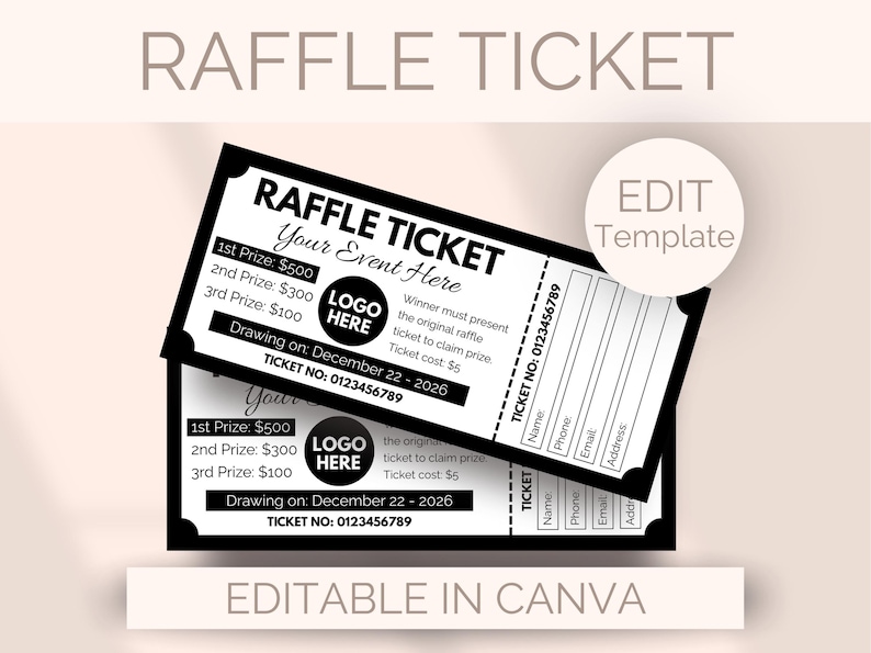 EDITABLE Raffle Ticket Template Fundraiser Raffle Ticket Printable ...