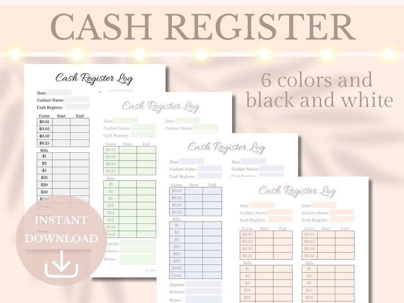 Cash Register Log Printable Cashier Shop Closing Drawer Till Balance ...