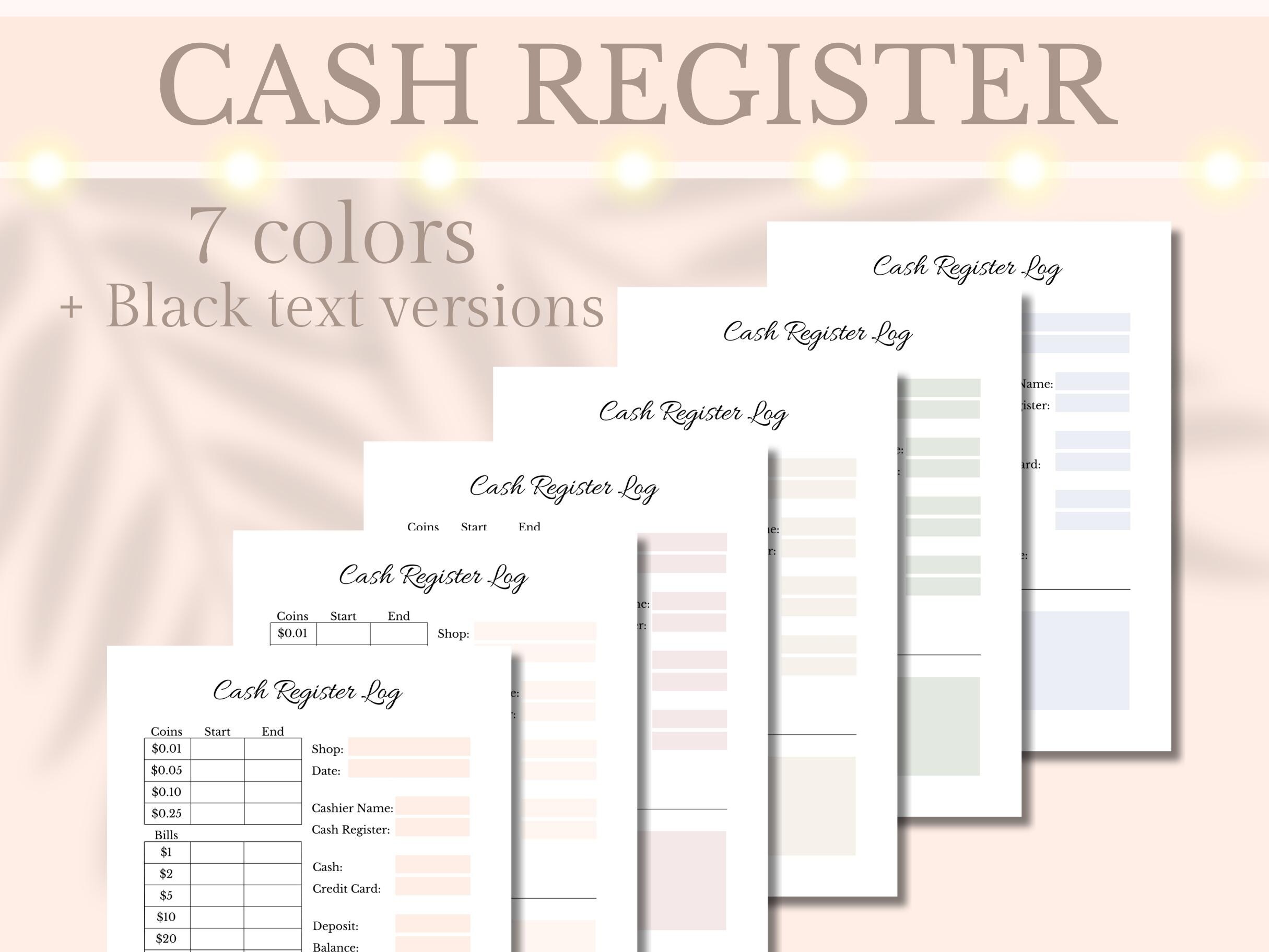 Cash Register Drawer Count Log Printable Teller Slip Shop Closing Money ...