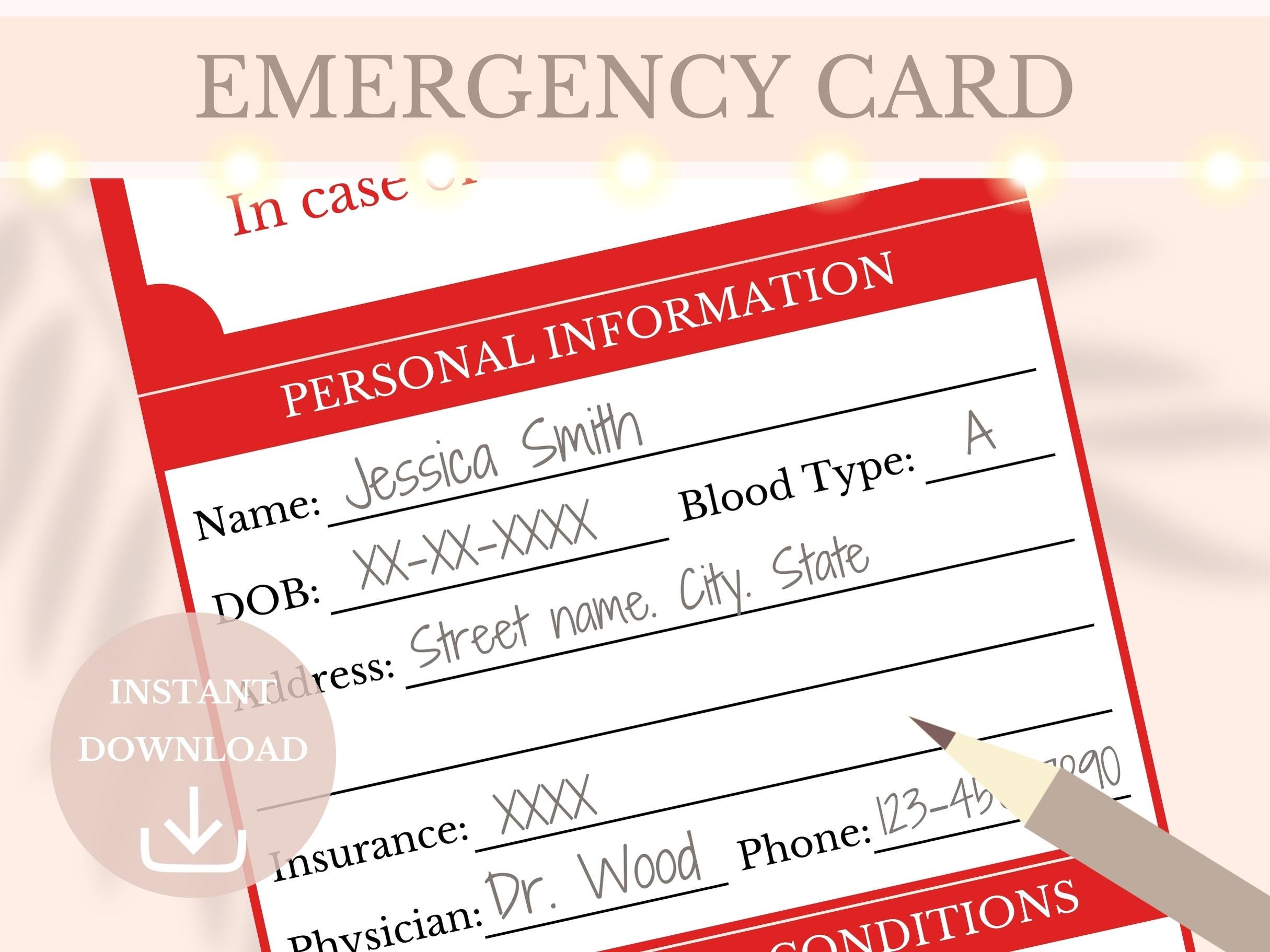 Emergency Information Card Printable Personal Information in Case of ...