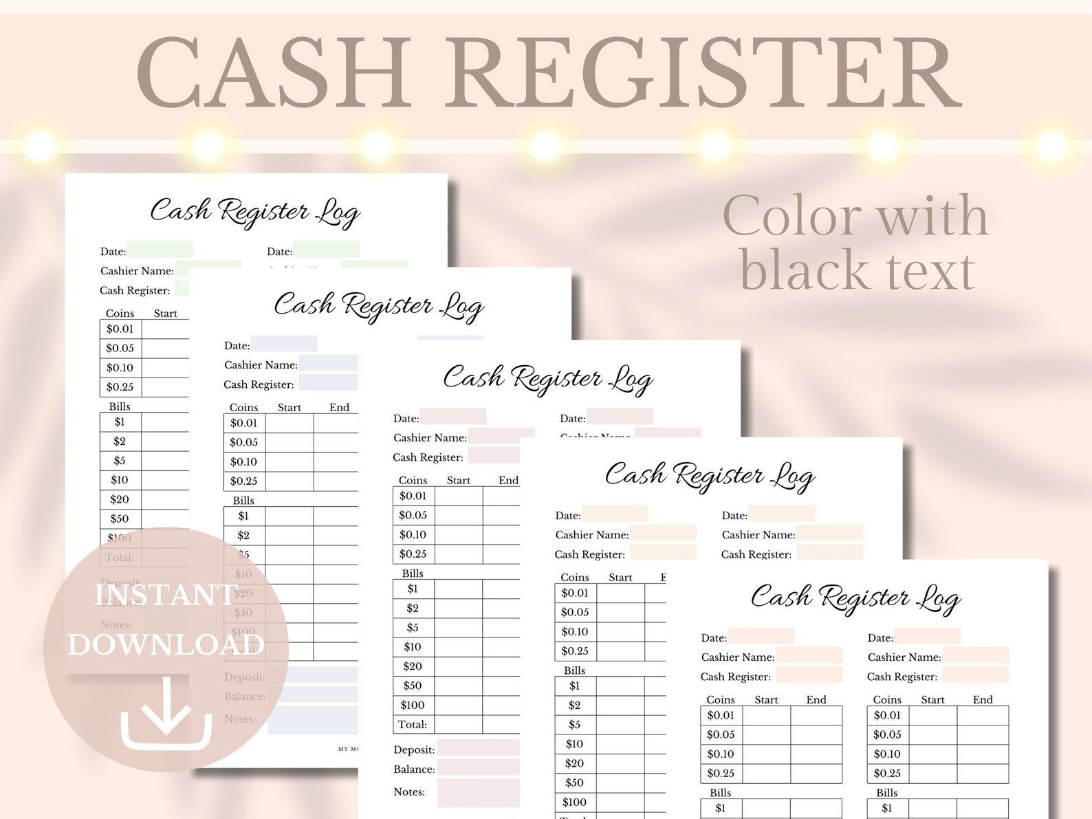Cash Register Log Printable Drawer Till Balance Money Count Calculator ...