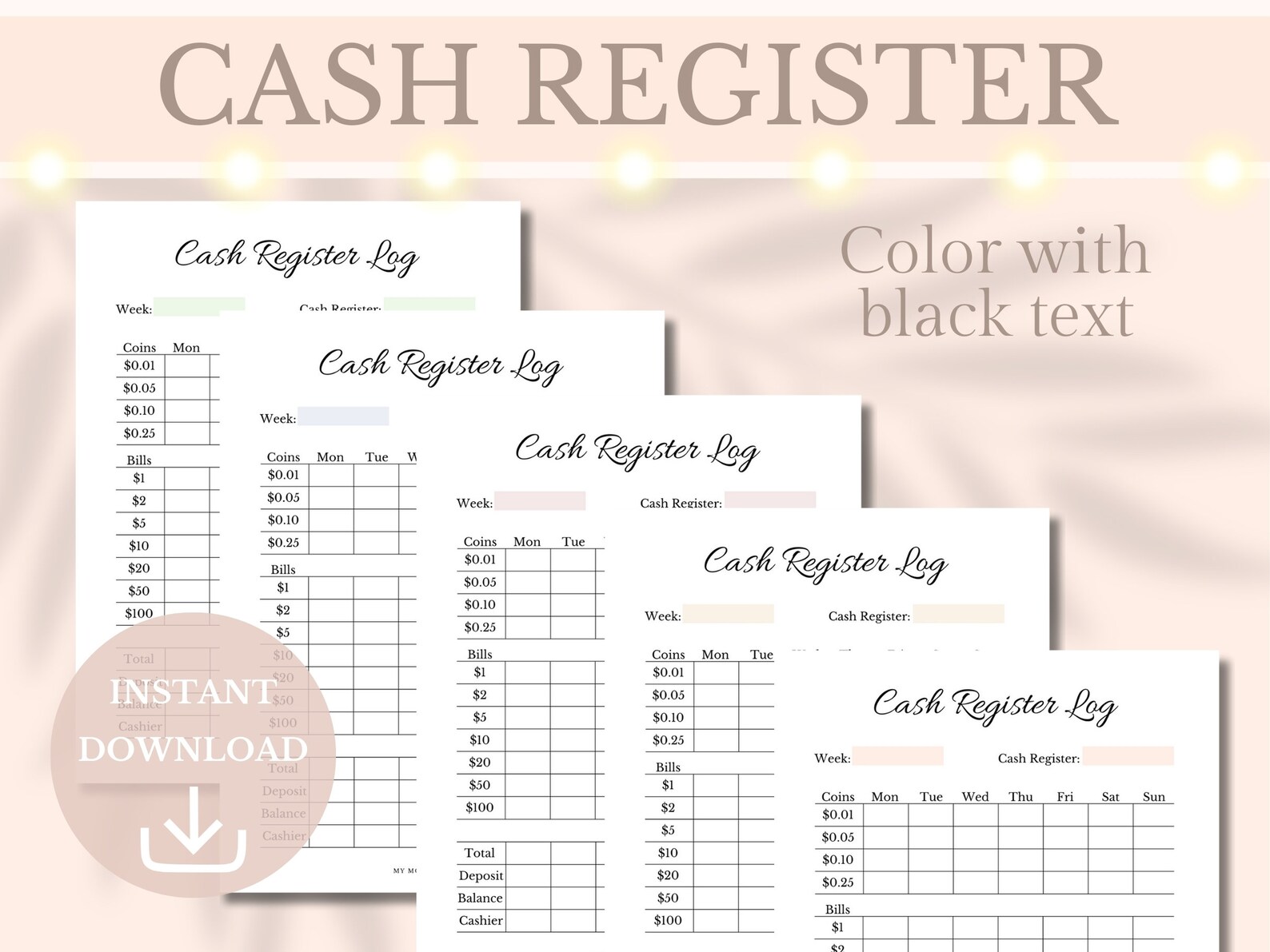 Cash Register Weekly Log Printable Drawer Till Balance Shop Closing ...