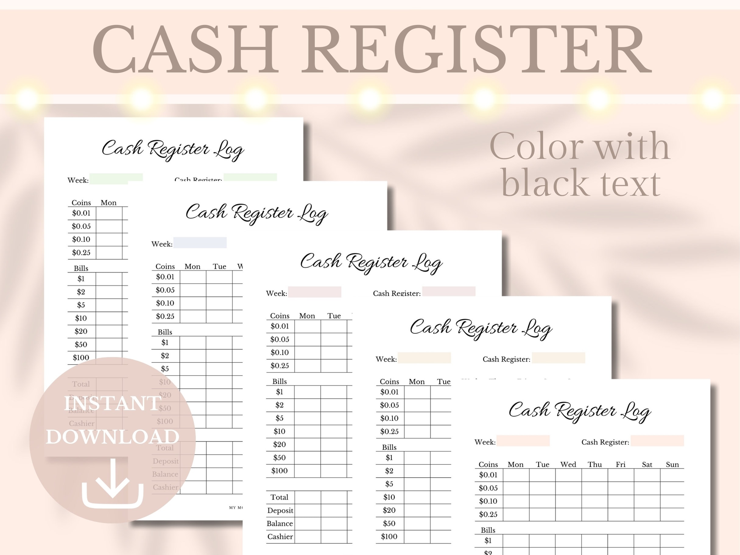 Cash Register Weekly Log Printable Drawer Till Balance Shop Closing ...