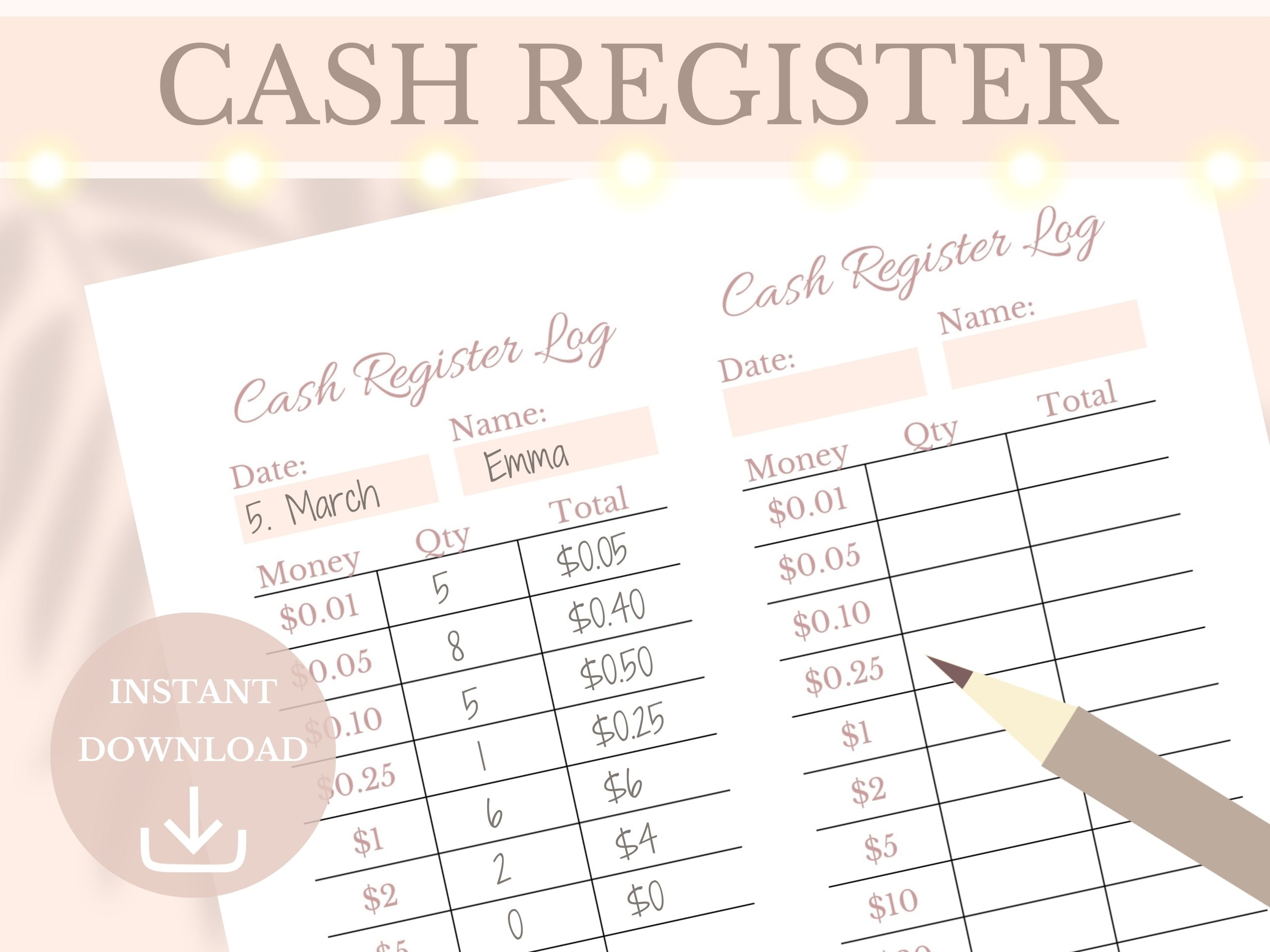 Cash Register Balance Log Printable Drawer Till Count Money Calculator ...