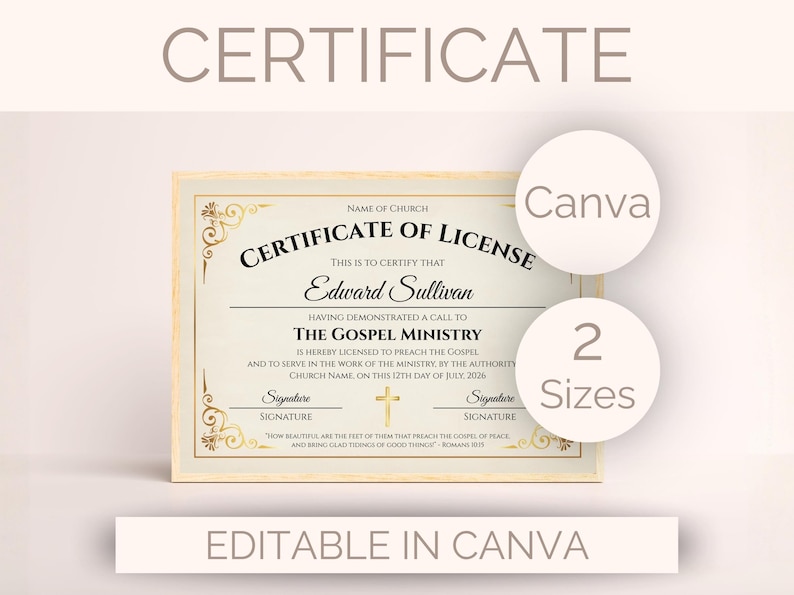 Editable Minister License Certificate Template License to Preach Pastor ...