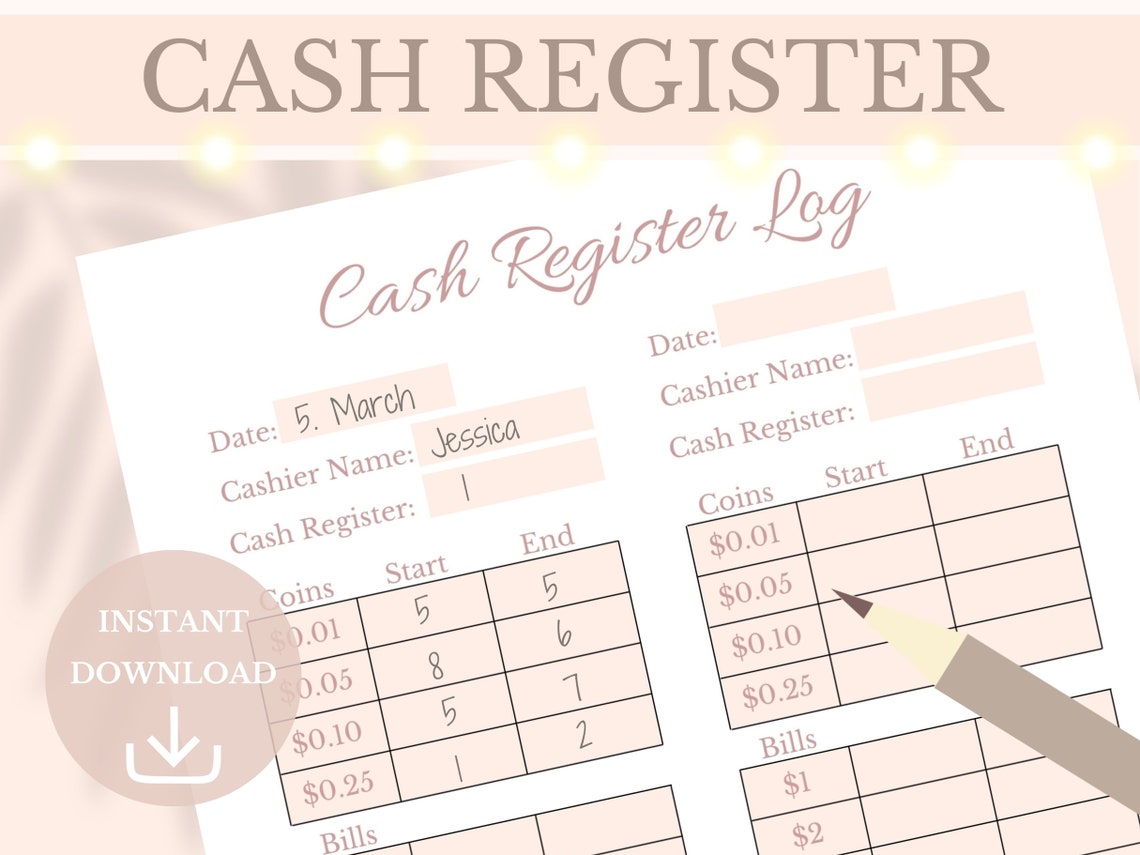 Cash Register Log Printable Cashier Shop Closing Drawer Till Balance ...