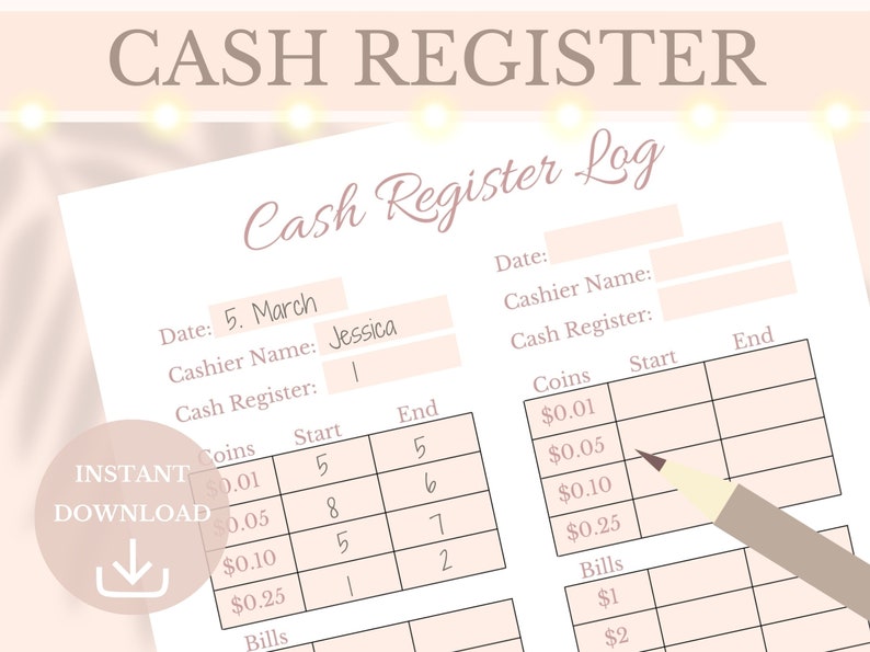 Cash Register Log Printable Cashier Shop Closing Drawer Till Balance ...