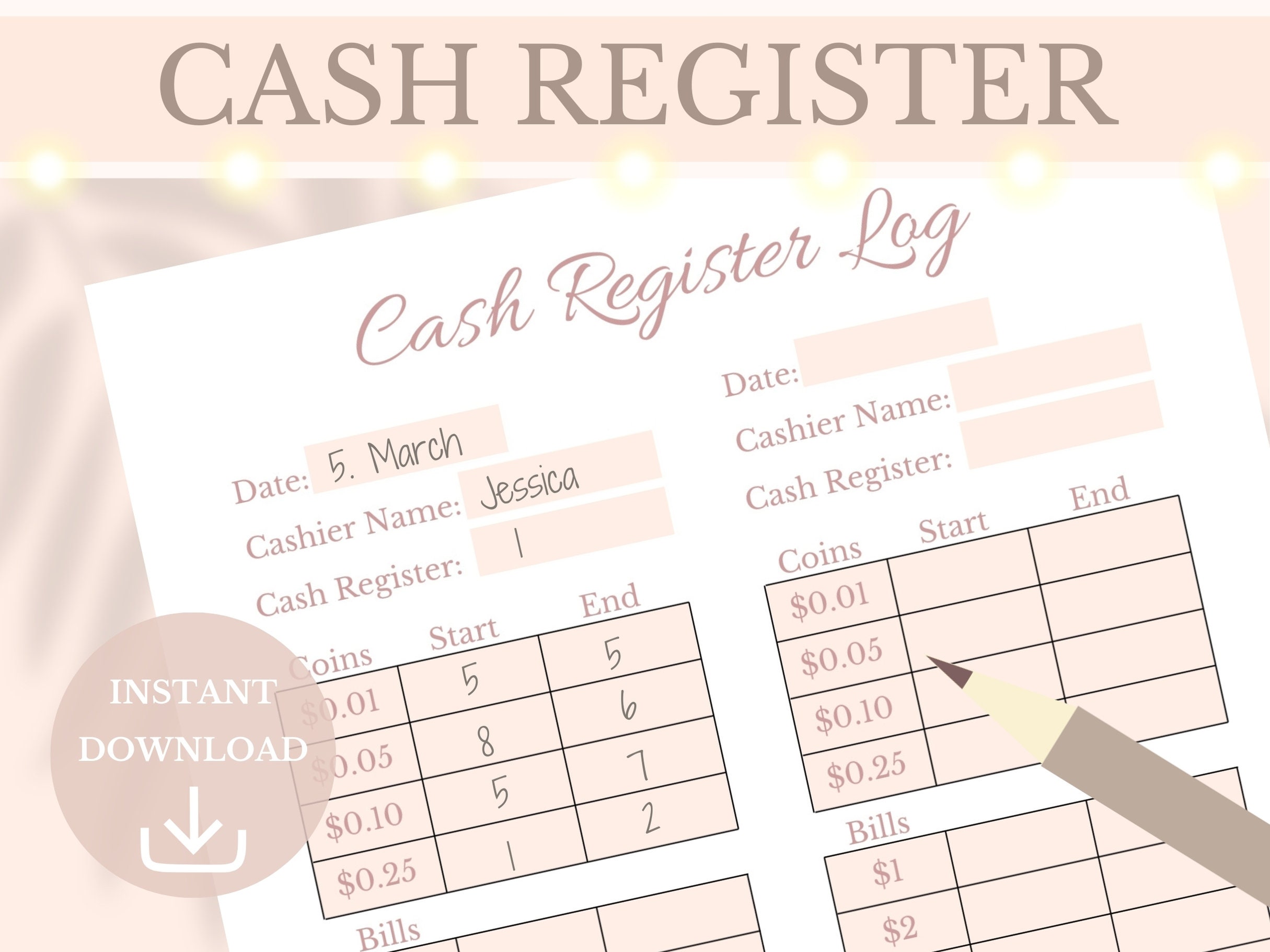Cash Register Log Printable Cashier Shop Closing Drawer Till Balance ...