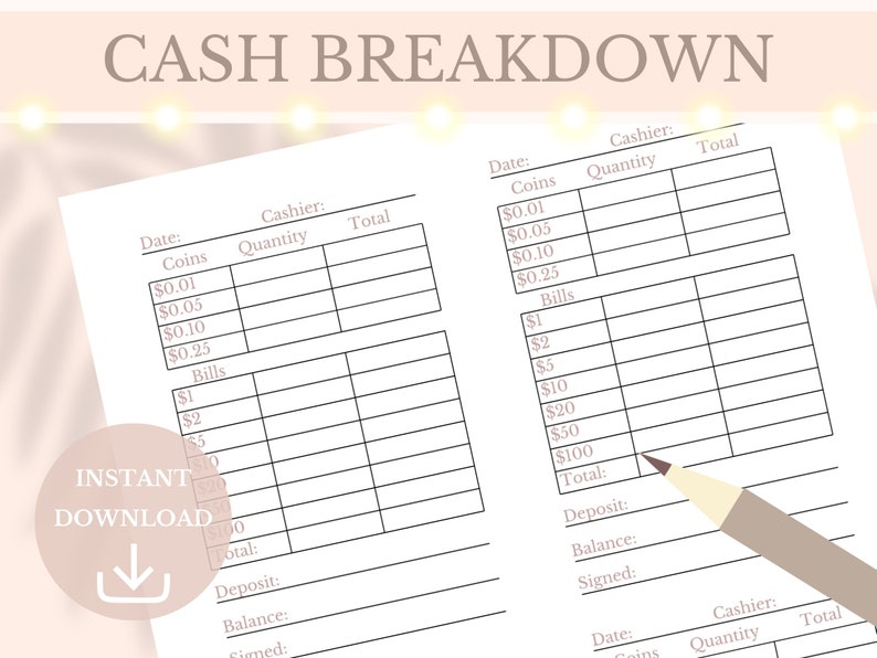 Cash Breakdown Printable Drawer Count Sheet Small Business Planner Cash ...