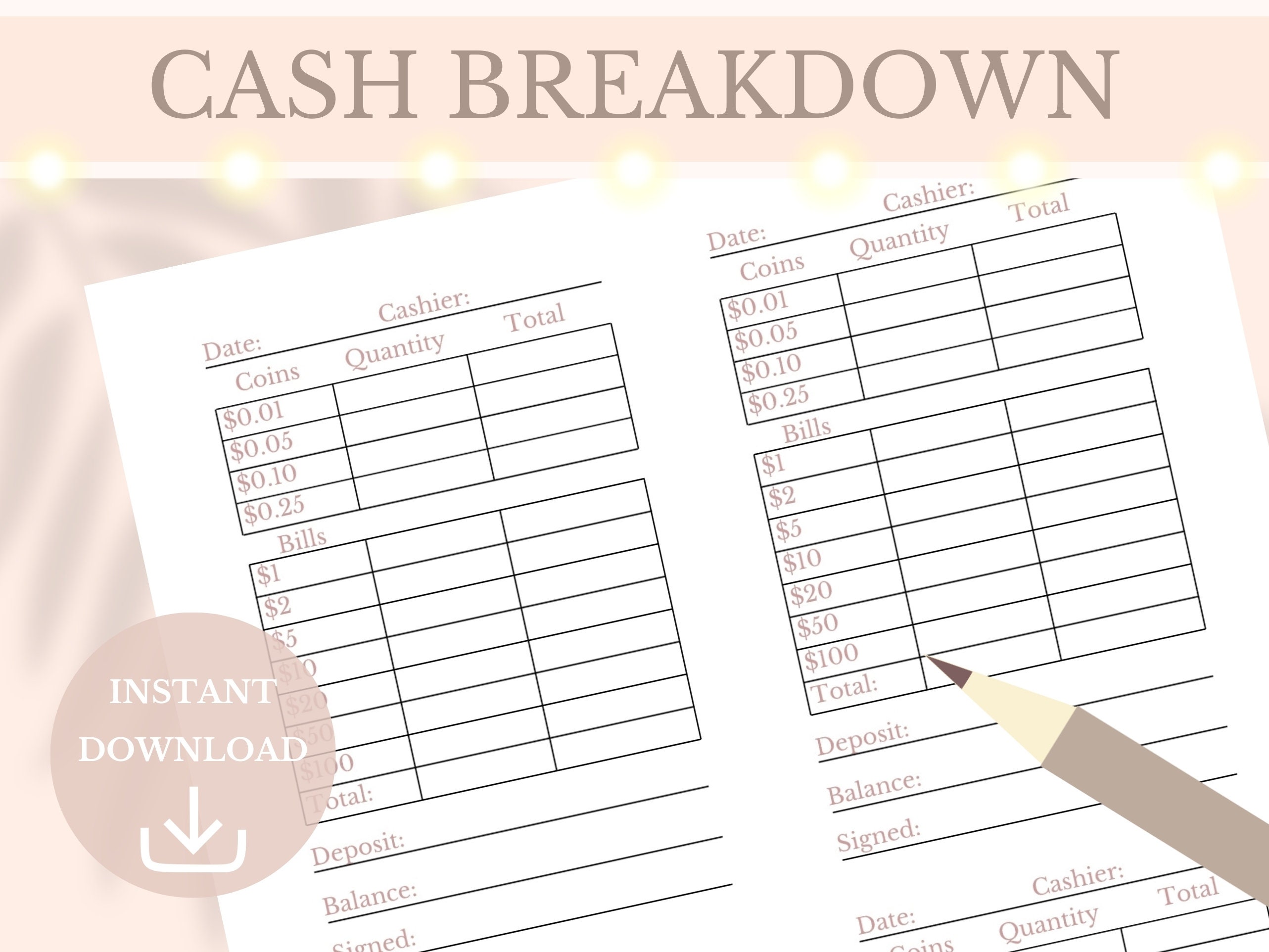 Cash Breakdown Printable Drawer Count Sheet Small Business Planner Cash ...