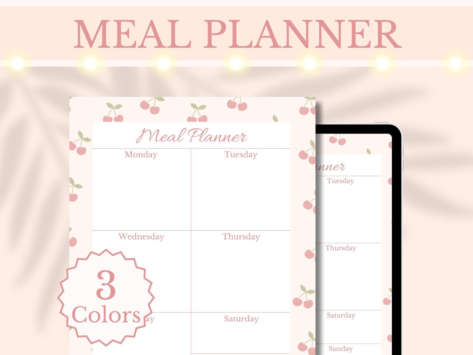 Digital Weekly Meal Planner Printable Ring Binder Insert Cute Cherry ...