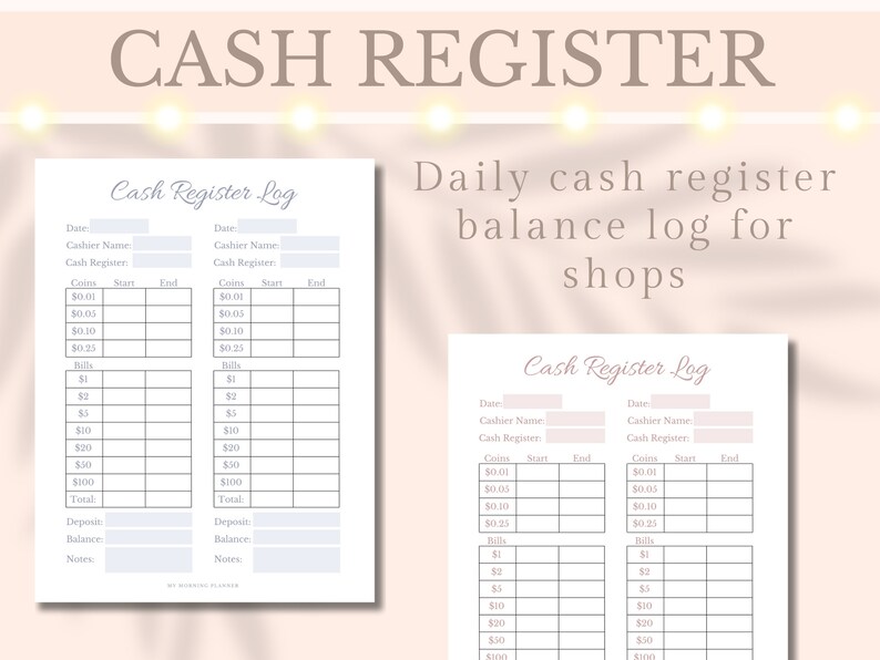 Cash Register Log Printable Drawer Till Balance Money Count Calculator ...