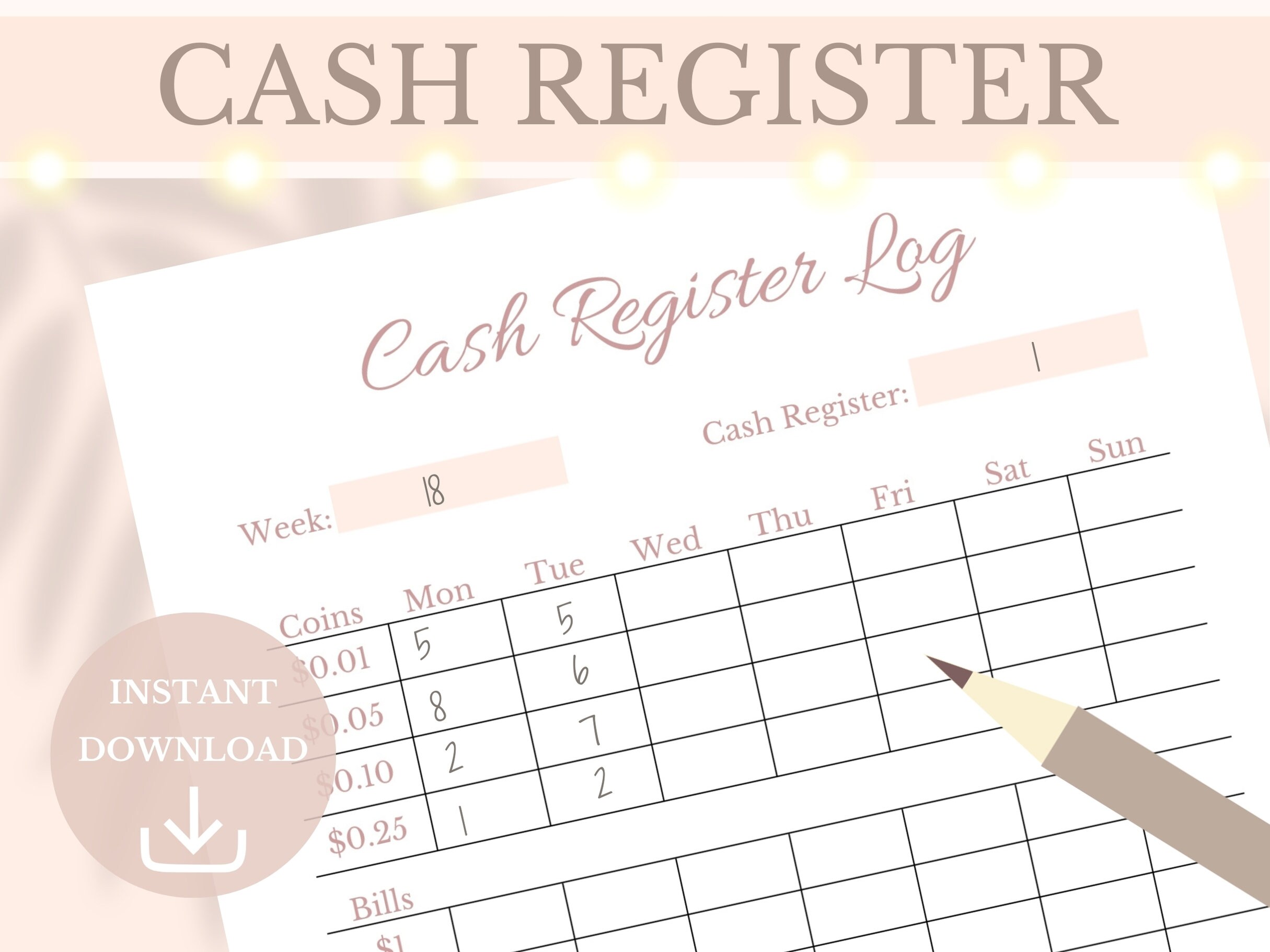 Cash Register Weekly Log Printable Drawer Till Balance Shop Closing ...